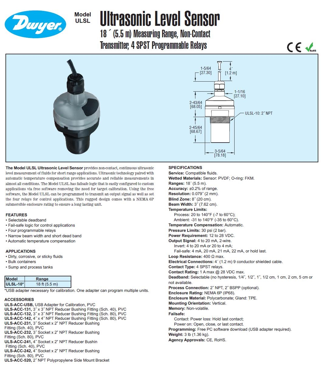 Ultrasonic Level Sensor - Model ULSL | Hygro Therm Ultrasonic Level Sensor - Model ULSL | Hygro Therm